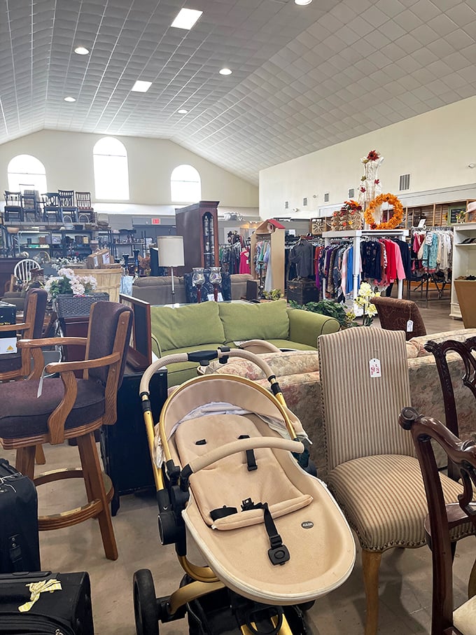 High ceilings and organized chaos create the perfect thrifting atmosphere. That stroller might have carried someone who's now old enough to drive!