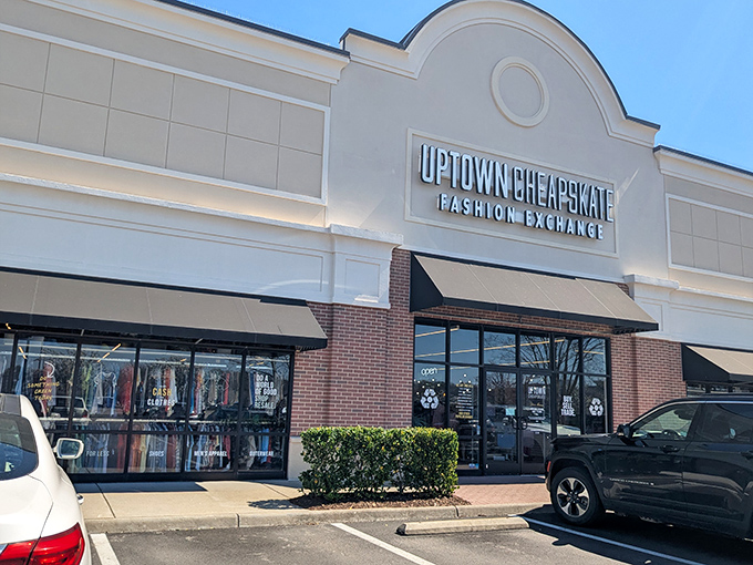 Clean lines and classic brick frame this fashion exchange haven, where yesterday's splurges become today's bargains under that iconic curved signage.