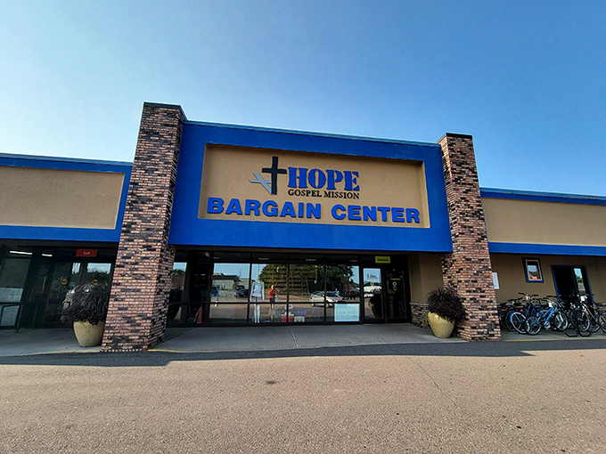 The blue facade of Hope Bargain Center stands like a retail oasis in Eau Claire, promising treasures within that won't empty your wallet.