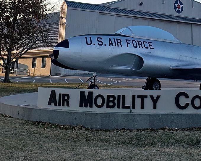 The sleek silhouette of a T-33 Shooting Star welcomes visitors to the Air Mobility Command Museum, like a metallic ma&icirc;tre d' inviting you to the feast of aviation history.