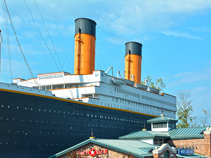 The Titanic Museum's half-scale replica stands proudly against the Tennessee sky, those iconic twin smokestacks reaching toward the clouds like exclamation points of history.