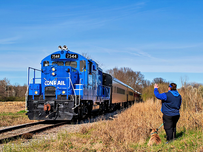 The blue Conrail locomotive powers through Ohio countryside as a spectator and furry friend wave hello &ndash; a perfect snapshot of railroad enthusiasm in action.