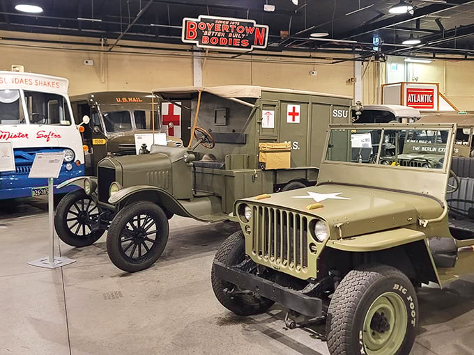 Military history on wheels! These olive-drab veterans once carried heroes and mail across battlefields, now they're the stars of their own peaceful showcase.