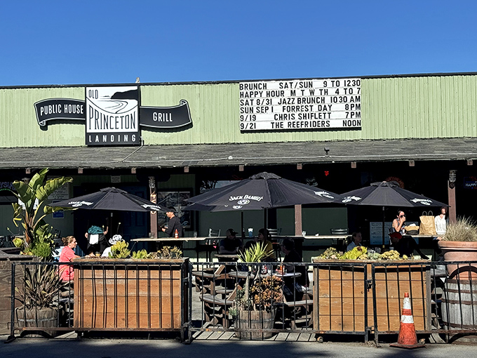 The mint-green exterior of Old Princeton Landing beckons like a coastal lighthouse for hungry travelers, complete with umbrella-shaded tables for soaking up that California sunshine.
