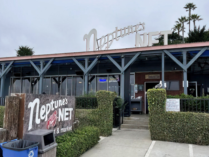 Neptune's Net stands proudly along PCH, its weathered blue exterior and iconic sign beckoning road-trippers like a siren call to seafood paradise.