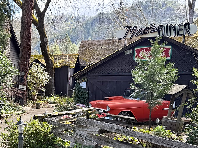 The classic Mac's Diner sign beckons hungry travelers like a neon lighthouse amid the lush Oregon forest. That vintage red car isn't going anywhere until after lunch.