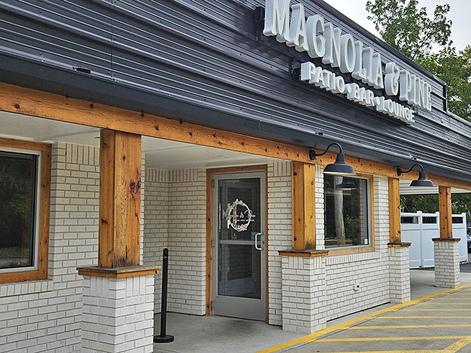 The modern rustic charm of Magnolia & Pine's exterior welcomes you with its striking black facade and warm wooden accents. Small-town Pennsylvania meets contemporary design brilliance.