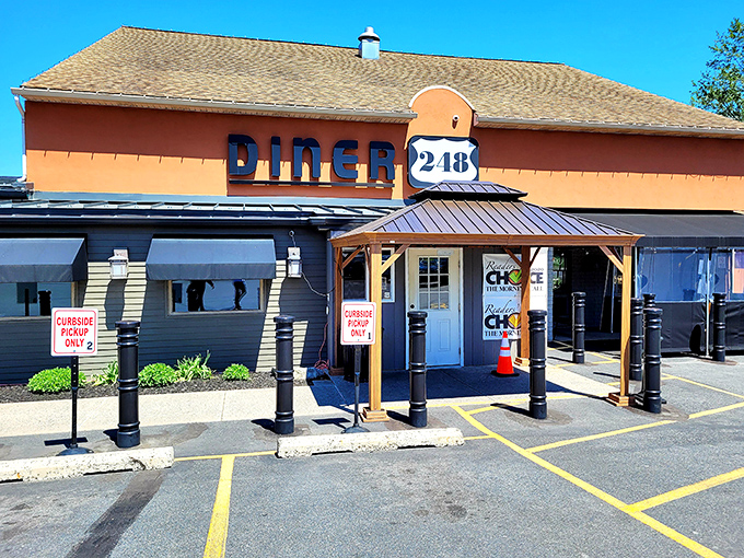 The unmistakable orange exterior of Diner 248 stands out like a beacon of comfort food hope along Route 248 in Easton.