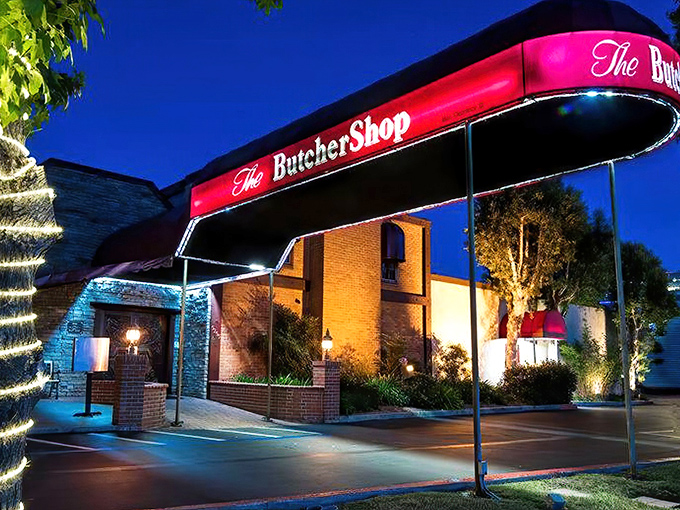 The brick fa&ccedil;ade and burgundy awning of The Butcher Shop stand ready to welcome hungry patrons. Like a carnivore's lighthouse beckoning you to safe harbor.