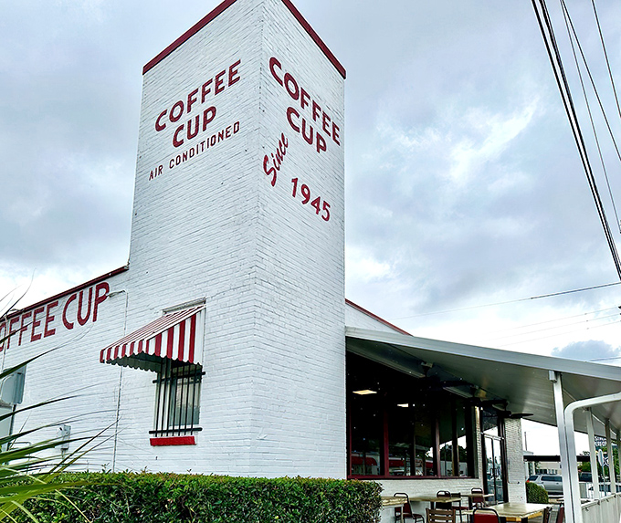 The iconic white brick exterior with bold red lettering has been welcoming hungry Pensacolians since 1945. Some architectural trends come and go, but breakfast perfection is timeless.