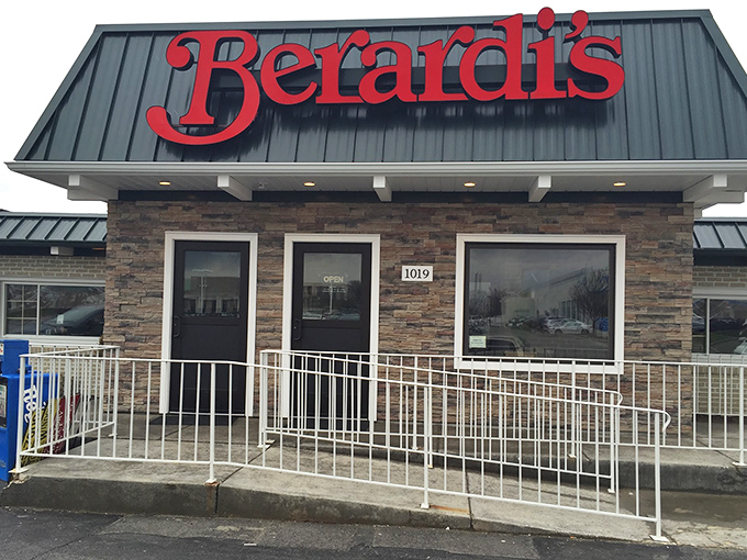 The bold red Berardi's sign against stone and steel promises comfort food nirvana. Like finding a treasure map where X marks the spot for breakfast bliss.