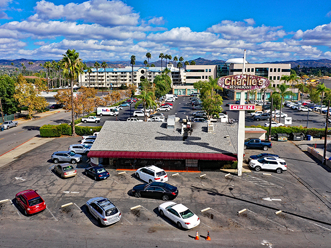 From this aerial view, Charlie's might look like just another restaurant, but locals know it's where breakfast dreams come true seven days a week.
