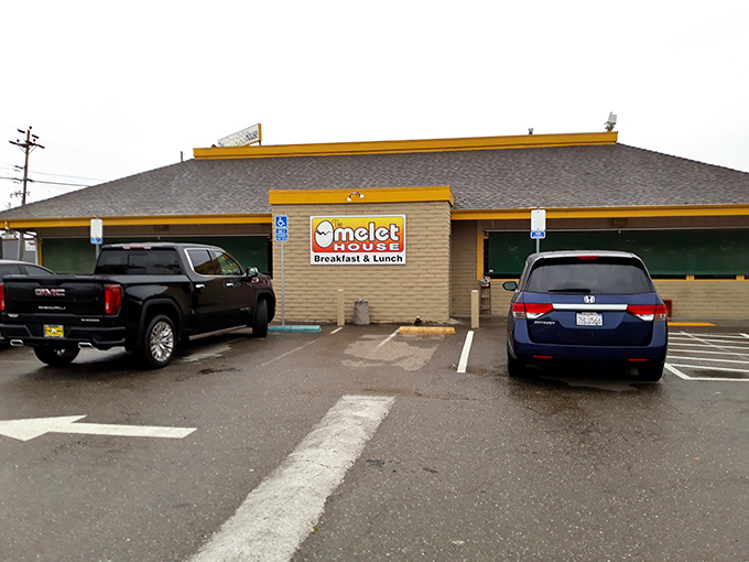 The unassuming exterior of Omelet House in Stockton hides culinary treasures within, proving that the best breakfast spots often wear the humblest facades.