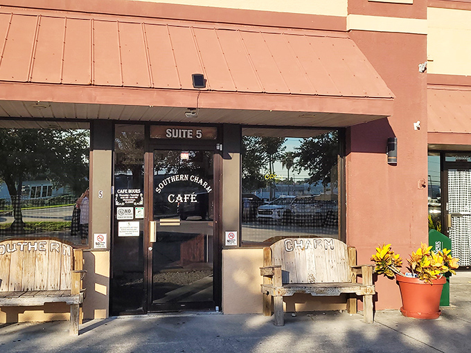 The unassuming entrance to flavor paradise &ndash; rustic wooden benches invite you to rest your feet while they prepare to blow your mind.