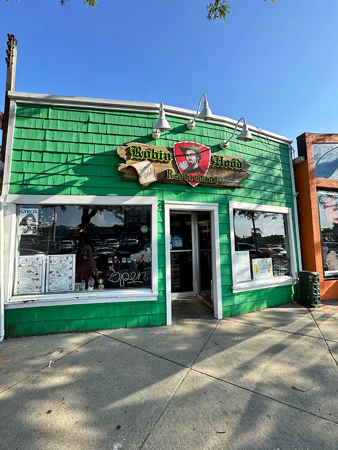 The emerald beacon of breakfast bliss! Robin Hood's distinctive turquoise exterior stands out among Rehoboth Beach storefronts, promising culinary adventures just steps from the boardwalk.