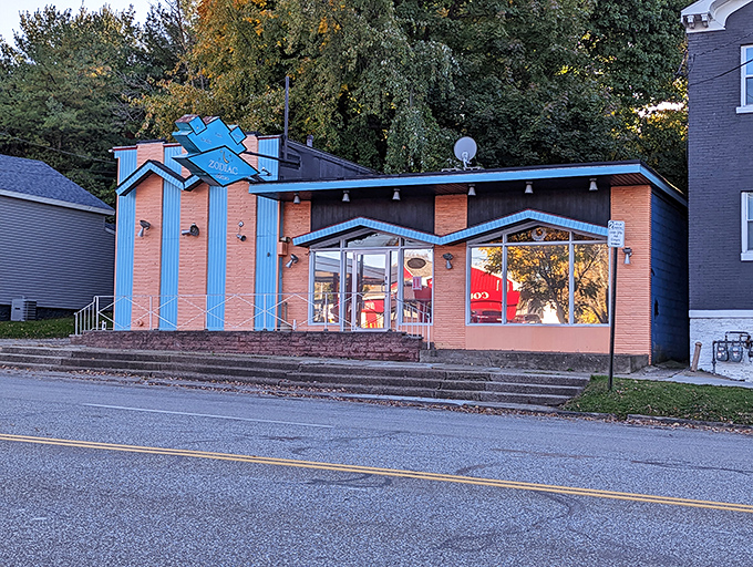 The retro-futuristic exterior of Zodiac Dinor beckons like a colorful spaceship that landed in Erie with one mission: to serve otherworldly breakfast.