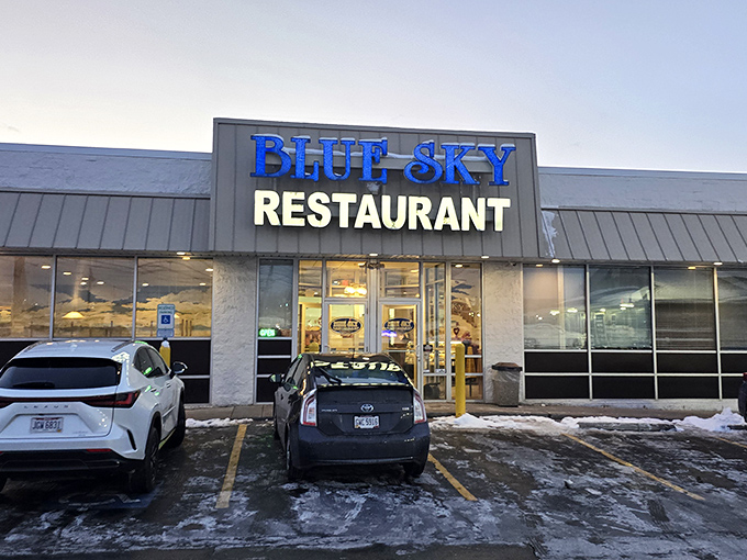 The blue sign beckons like a lighthouse for hungry travelers &ndash; Blue Sky Restaurant doesn't need fancy architecture when what's inside is this good.