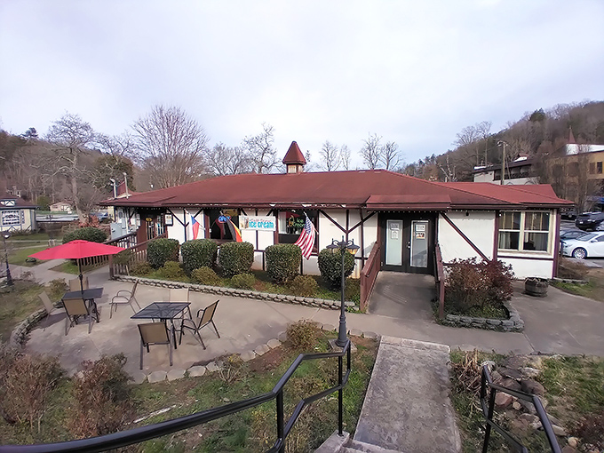 Bavarian charm meets Southern hospitality at Muller's exterior, where the red-roofed Alpine architecture promises a delicious escape from the ordinary.