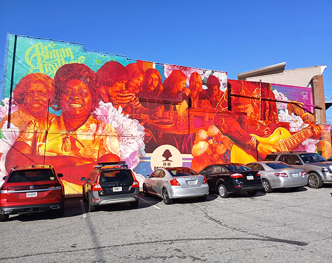 The vibrant mural adorning H & H's exterior isn't just eye candy&mdash;it's a visual love letter to Macon's soul food and music legacy.