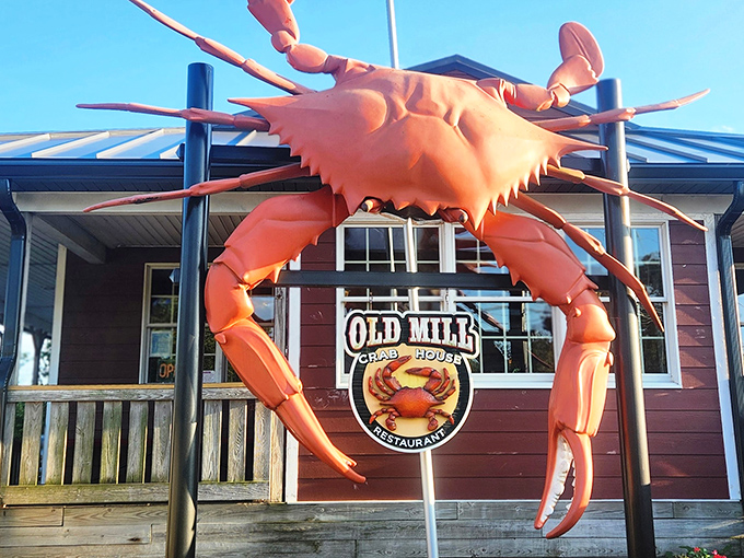 The giant orange crab perched atop Old Mill's entrance isn't just decoration&mdash;it's a beacon calling seafood lovers home from miles around.