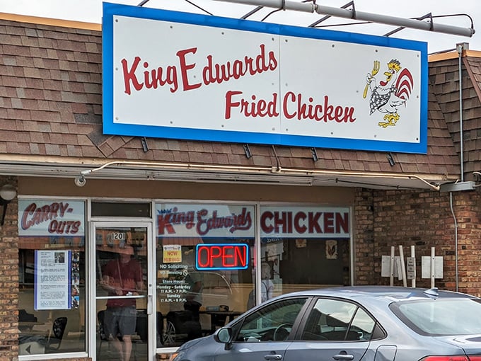 The blue and red sign beckons like a lighthouse for the hungry. King Edwards keeps it simple&mdash;when you're this good at chicken, fancy facades are optional.