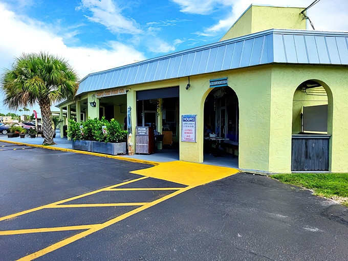 Cape Cod Fish Co's sunny exterior promises New England seafood excellence in the heart of Florida.