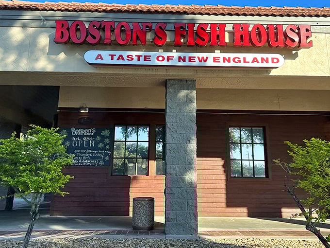The red lettering against the beige exterior promises New England treasures in the Florida sunshine. A culinary lighthouse for seafood pilgrims.