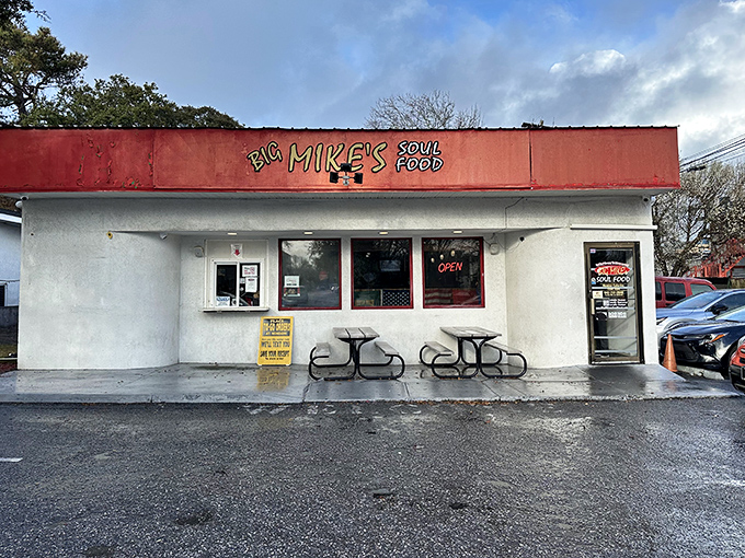 Another view of Big Mike's storefront on a cloudy day &ndash; like finding a treasure map where X marks the spot for legendary fried chicken.