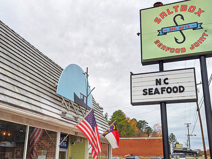 Proudly flying the North Carolina flag alongside Old Glory, Saltbox declares its allegiance to local waters and the bounty they provide.