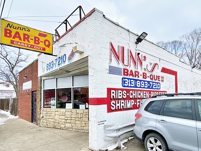 The iconic yellow and red signage of Nunn's Bar-B-Que II stands out like a beacon of hope for hungry Detroiters seeking barbecue salvation.