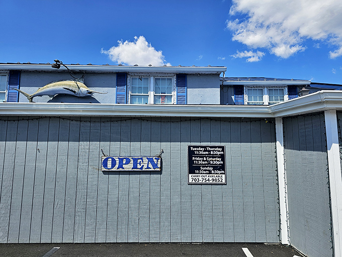 The blue-trimmed exterior with its "OPEN" sign beckons like a lighthouse for seafood lovers navigating the Virginia countryside.