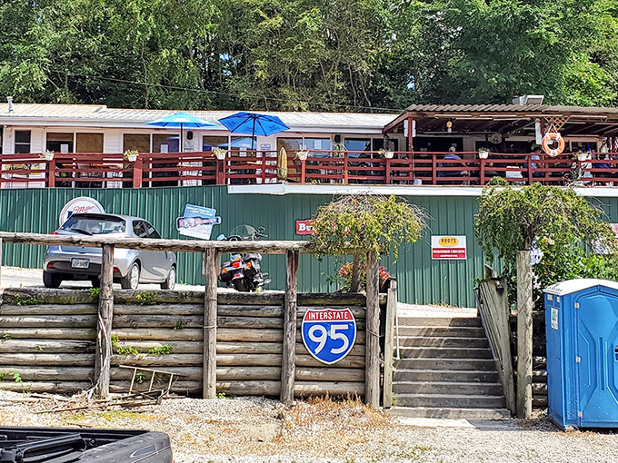 A wooden deck with rustic charm invites diners to enjoy their legendary perch sandwiches with a side of fresh air and sunshine.