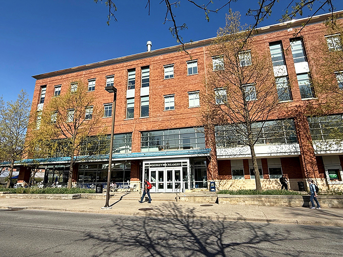The brick facade of Berkey Creamery stands like a temple to dairy devotion, beckoning ice cream pilgrims with its checkered welcome.