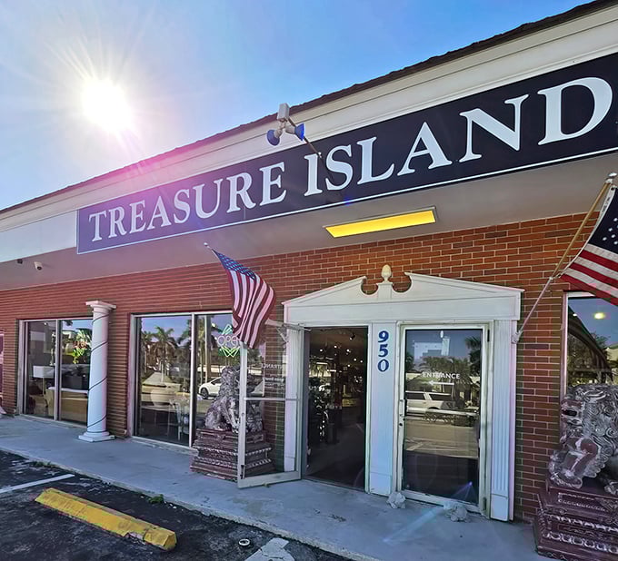 The sun-drenched fa&ccedil;ade of Treasure Island Antiques beckons with patriotic flair, promising air-conditioned adventures through decades of American nostalgia.