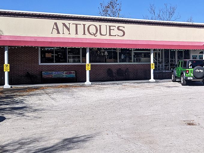 The iconic pink awning of Village Antique Mall welcomes treasure hunters like old friends. Florida sunshine makes this Mt. Dora landmark practically glow with possibility.