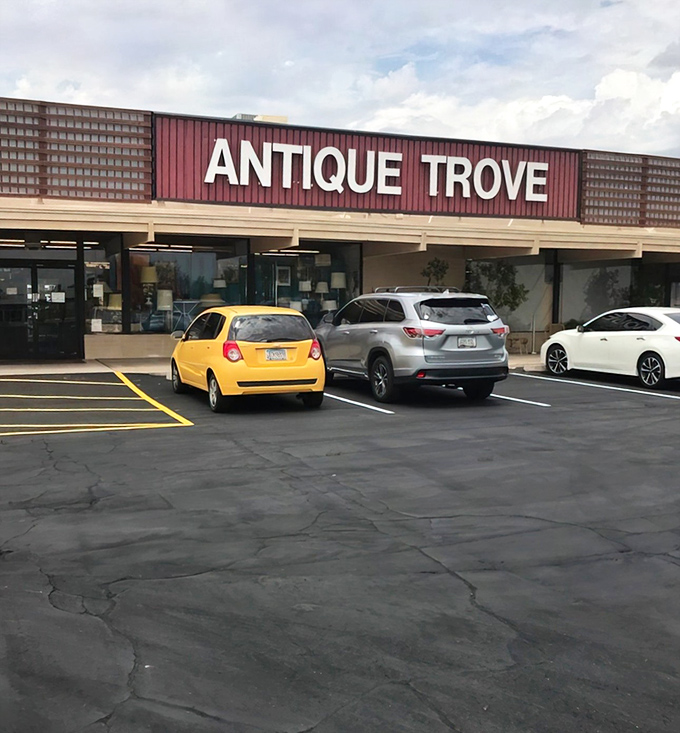 The unassuming exterior of Antique Trove belies the wonderland within. Like a time machine disguised as a strip mall storefront.