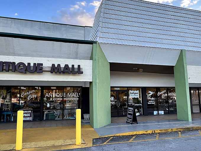 The mint-green facade with its bold "ANTIQUE MALL" signage promises treasures within &ndash; like a time machine disguised as a Florida strip mall.