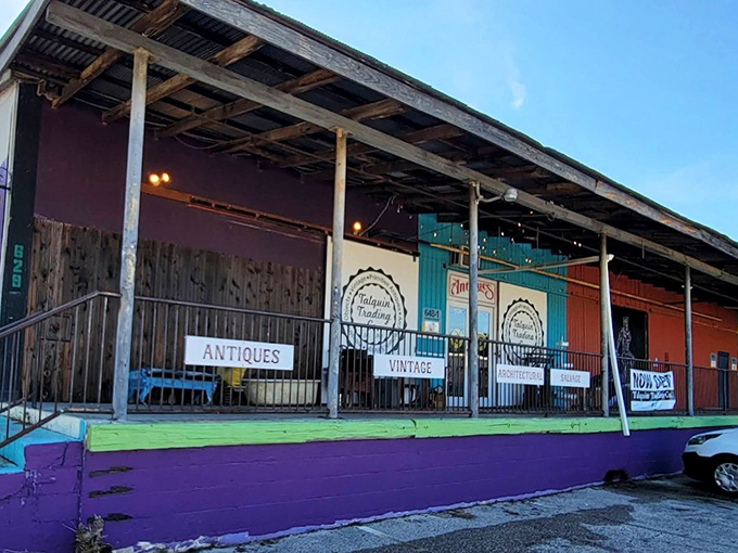 The colorful exterior of Talquin Trading Co. beckons with its vibrant purple steps and eclectic storefront&mdash;a rainbow of vintage possibilities.