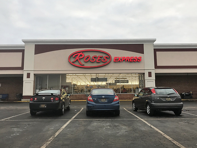 The iconic red Roses Express sign beckons bargain hunters like a retail lighthouse guiding ships to shore&mdash;promising treasures within those unassuming walls.