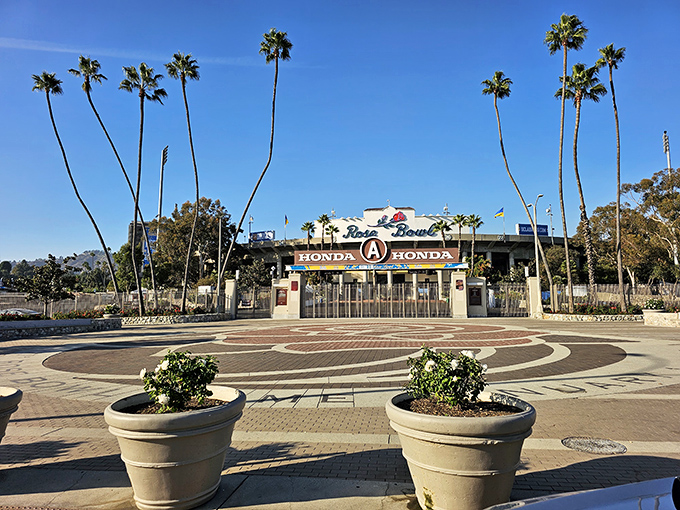 The iconic Rose Bowl Stadium transforms from sports venue to treasure hunter's paradise once a month, standing proud under California's perfect blue sky.