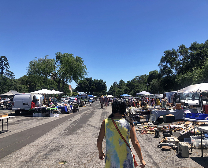 Weekend wanderers navigate endless rows of treasures under California's perfect blue skies at De Anza.