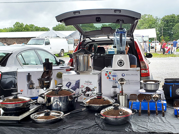 The treasure hunt begins! Under this sprawling wooden canopy, everyday items transform into potential discoveries waiting for the right pair of eyes.