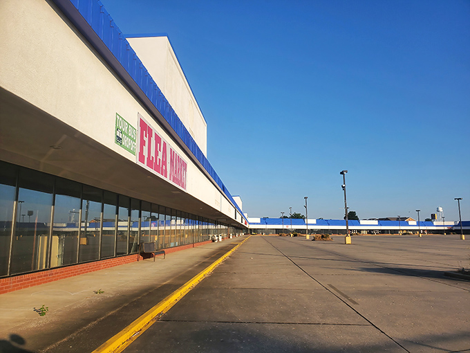 The blue-roofed bargain paradise beckons shoppers like a retail oasis in the Missouri landscape. Treasure hunting begins here!