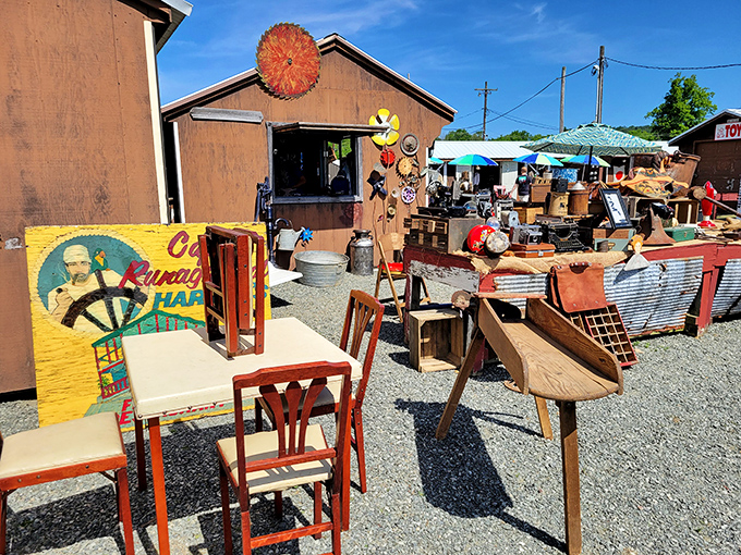 The treasure hunt begins! Vintage furniture and rustic collectibles await under the bright Barto sky at Jake's sprawling marketplace.
