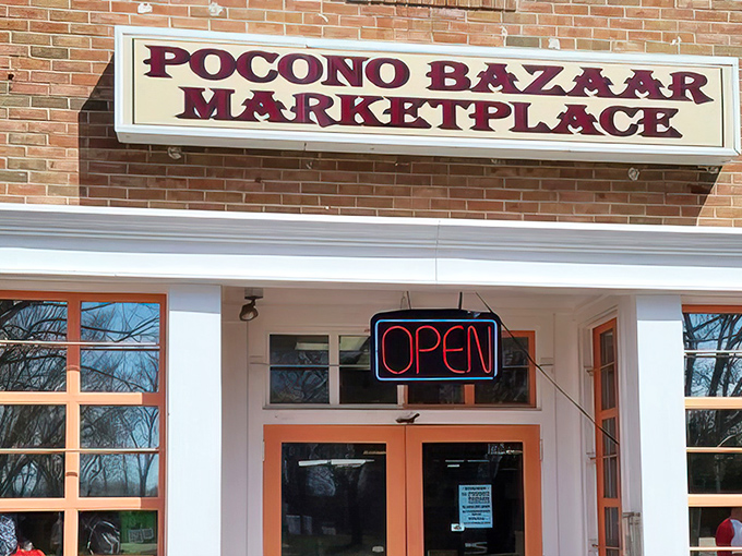 Behind this simple brick fa&ccedil;ade, Pocono Bazaar Marketplace beckons bargain hunters inside with its neon &lsquo;OPEN&rsquo; glow and endless treasures.