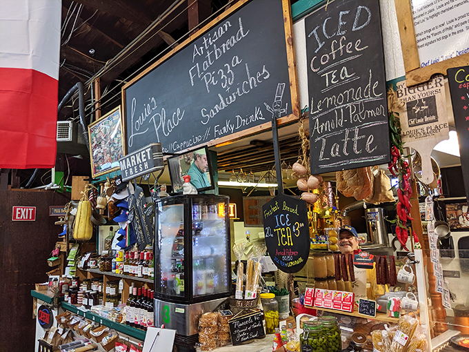 The market's food stand chalkboard menu reads like a love letter to comfort food&mdash;flatbread pizza and Arnold Palmers beckon hungry treasure hunters.