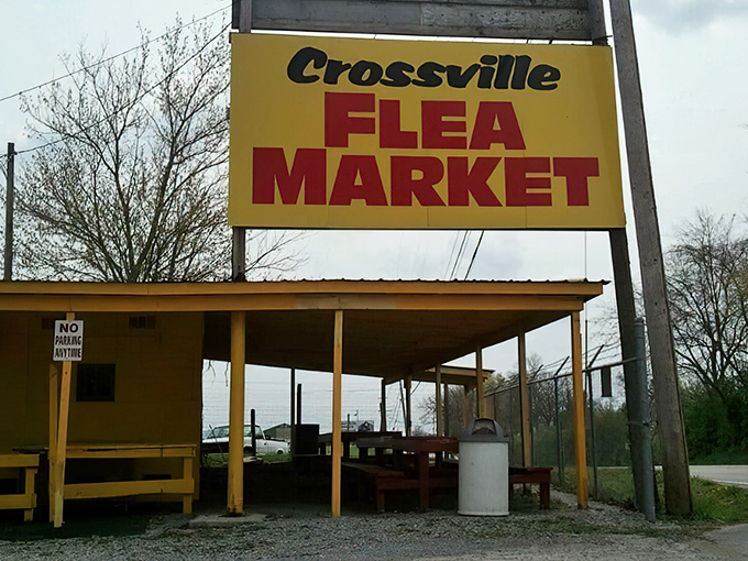 The iconic yellow and red sign welcomes treasure hunters to Crossville Flea Market, where Tennessee's greatest collection of "somebody else's stuff" awaits discovery.