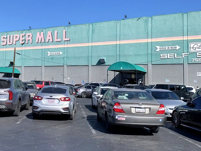 The iconic teal facade of Slauson Super Mall stands as a beacon for treasure hunters. Shopping malls may come and go, but this Los Angeles institution remains gloriously unchanged.