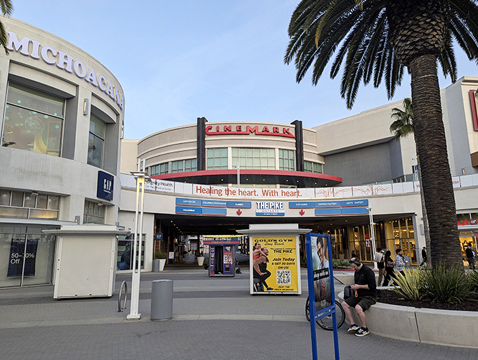 Colorful train cars line up like a children's parade, bringing whimsical charm to this shopping destination.