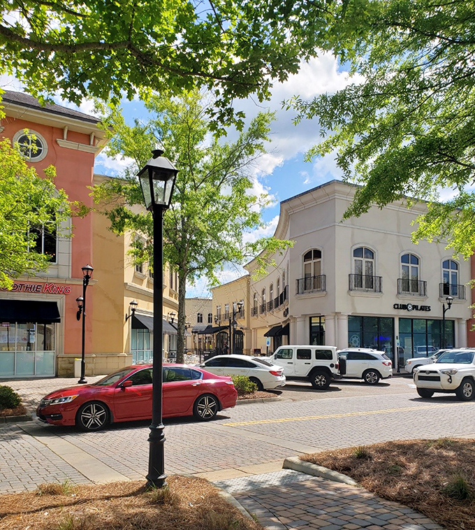 The colorful Mediterranean-inspired architecture brings a touch of vacation vibes to your shopping expedition, no passport required.